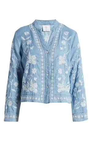 NIKKI LUND Madison Floral Embroidered Chambray Shirt - Blue