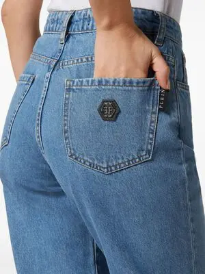 Philipp Plein Logo-appliqué High-rise Tapered Jeans - Blue