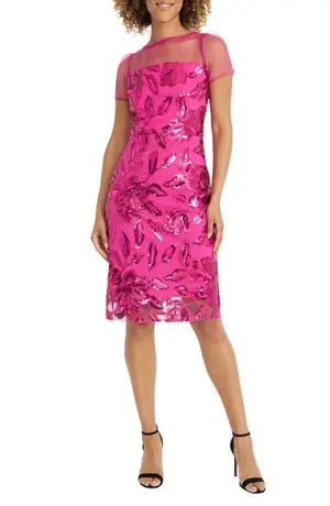 Maggy London Sequin Mesh Yoke Sheath Dress