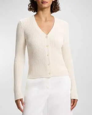 Theory Textured Cotton Rib Fitted V-neck Cardigan - Cream/latte
