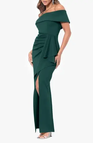 XSCAPE EVENINGS Side Ruffle Off-the-shoulder Scuba Knit Gown - Hunter