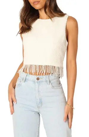 PETAL & PUP Milana Tweed Bead Fringe Sleeveless Top - Cream
