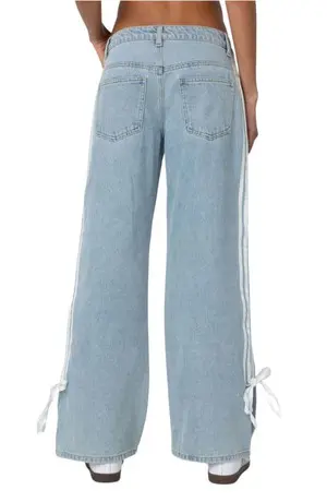 EDIKTED Ribbon Stripe Baggy Low Rise Jeans - Light-blue