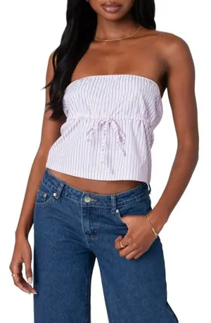 EDIKTED Augusta Pinstripe Strapless Peplum Top