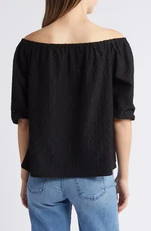 Loveappella Off The Shoulder Eyelet Top - Black
