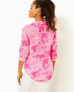 LILLY PULITZER Sea View Linen Button-down Shirt - Roxie Pink Pb Anniversary Toile