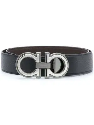 FERRAGAMO Grained Leather Reversible Gancini Belt - Black
