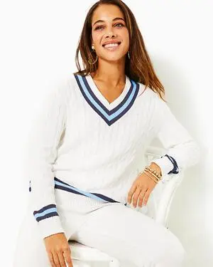 LILLY PULITZER Cable Knit V-Neck Cotton Sweater Resort White X Bonaire Blue Tipping