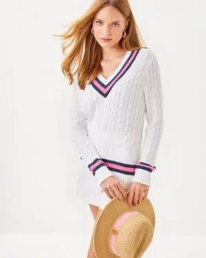 LILLY PULITZER Cable Knit V-neck Cotton Sweater - Resort White X Rousseau Pink Tipping
