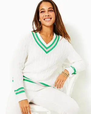 LILLY PULITZER Cable Knit V-Neck Cotton Sweater Resort White