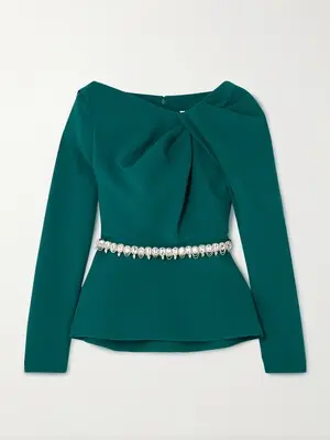 Safiyaa Manya Belted Draped Crystal-embellished Stretch-crepe Peplum Blouse - Blue