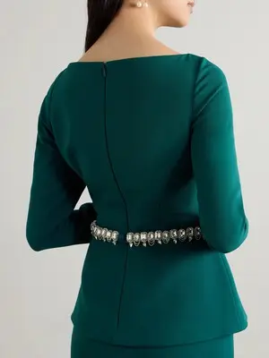Safiyaa Manya Belted Draped Crystal-embellished Stretch-crepe Peplum Blouse - Blue