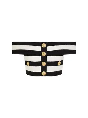 Balmain Striped Cotton Blend Off-shoulder Top - Black,white
