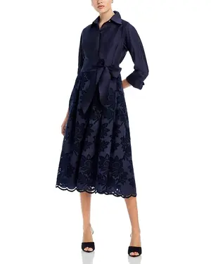 Rickie Freeman For Teri Jon Floral Eyelet Midi Dress - Navy