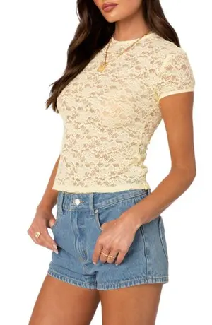 EDIKTED Kaori Sheer Lace T-shirt - Yellow