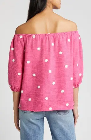 Loveappella Polka Dot Off-the-shoulder Top - Fuchsia