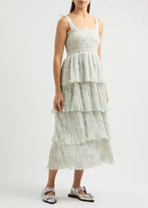 GANNI Printed Plissé Georgette Midi Dress