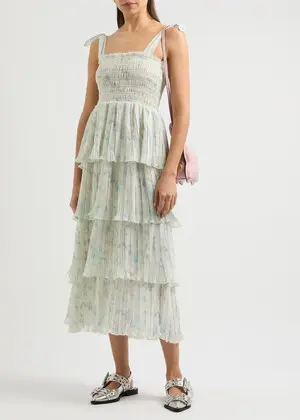 GANNI Printed Plissé Georgette Midi Dress