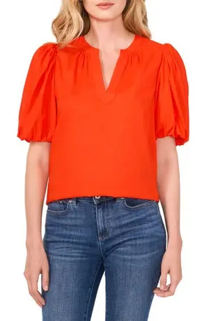 CECE DUPRAZ Puff Sleeve Poplin Popover Top - Tigerlily Red