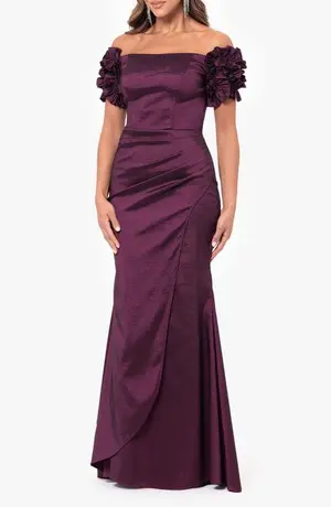 XSCAPE EVENINGS Off-the-shoulder Taffeta Gown - Wine