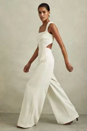 REISS Reiss Dion Twill Open-Back Wide Leg Jumpsuit Cream