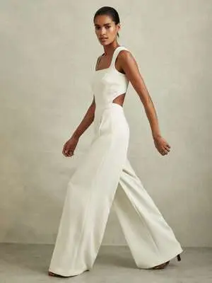 REISS Reiss Dion Twill Open-Back Wide Leg Jumpsuit Ivory