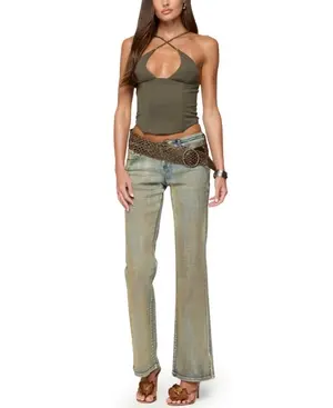 EDIKTED Crossover Beaded Corset - Olive