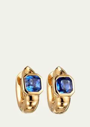UNIFORM OBJECT 18K Yellow Gold Tusk Huggie Earrings With Asscher-Cut Stones Blue Sapphire