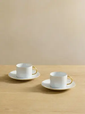 L'Objet Neptune Set Of Two Gold-plated Porcelain Tea Cups And Saucers White