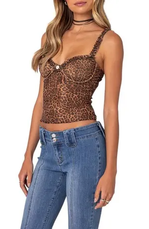 EDIKTED Lidia Print Sheer Mesh Bra Top - Leopard