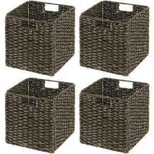 MDESIGN Seagrass Woven Cube Bin Basket Organizer, Handles - Black Wash