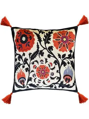 LES-OTTOMANS Floral-print Tassel Cushion - White