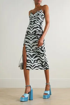 Halpern Strapless Sequined Zebra-print Tulle Midi Dress