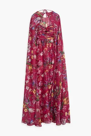 Marchesa Cape-effect Floral-print Charmeuse Gown - Crimson