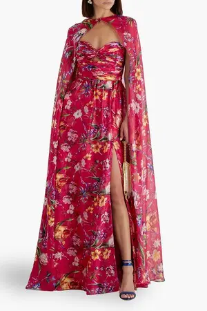 Marchesa Cape-effect Floral-print Charmeuse Gown - Crimson