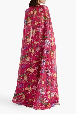 Marchesa Cape-effect Floral-print Charmeuse Gown - Crimson