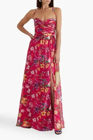 Marchesa Cape-effect Floral-print Charmeuse Gown - Crimson