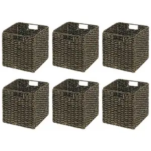 MDESIGN Seagrass Woven Cube Bin Basket Organizer, Handles - Black Wash
