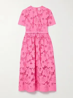 SELF-PORTRAIT Belted Cotton-blend Guipure Lace Midi Dress
