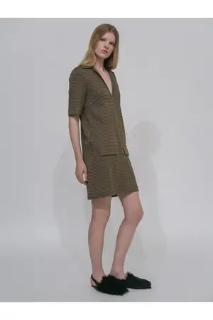 Rosetta Getty Lapel Collar Houndstooth Polo Dress