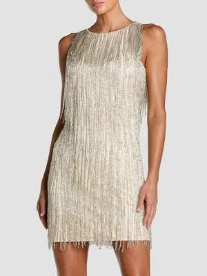 Mac Duggal Beaded Fringe Body-con Minidress Beige Silver