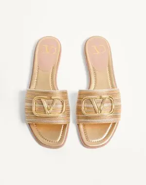 Valentino Garavani Vlogo Signature Metallic Leather Slides - Gold