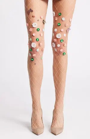 HIGH HEEL JUNGLE Aurora Floral Appliqué Sheer Tights - Beige