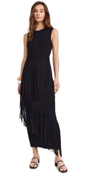 SIMONMILLER Sleeveless Ribbed Knit Maxi Dress With Asymmetrical Fringe Trim - Black