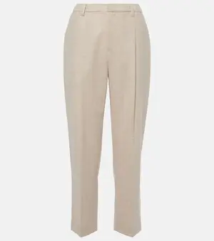 Brunello Cucinelli Pleated Cotton Straight Leg Pants - Beige