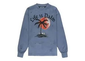 Palm Angels Sunset Palm Garment Dyed Long Sleeve Sweatshirt - Blue