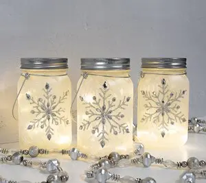 LUMABASE 3ct Battery-operated Snowflake Glass M Ason Jars - One-color