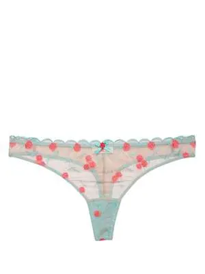 FLEUR DU MAL Rose And Vine Embroidered Thong - Blue