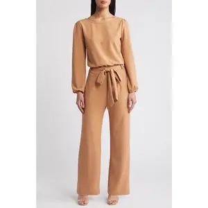 NIKKI LUND Laurie Long Sleeve Tie Waist Jumpsuit - Almond