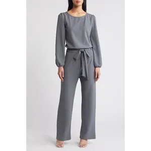 NIKKI LUND Laurie Long Sleeve Tie Waist Jumpsuit - Grey